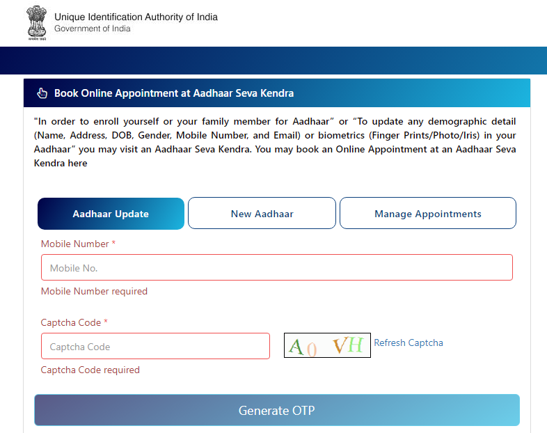 Aadhar Appointment Booking | Aadhaar Enrolment Slot Booking